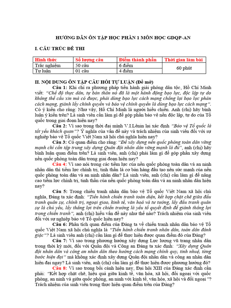 CÂU HỎI ÔN THI MÔN GDQP HP1 - 2021 | PDF