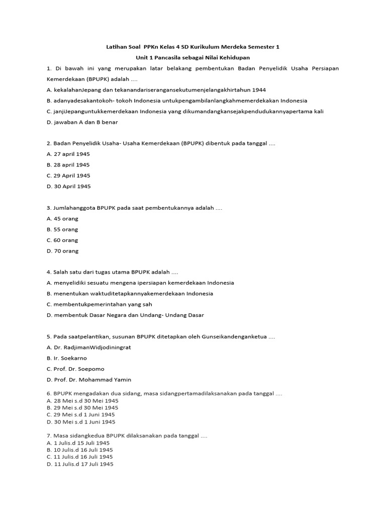 Latihan Soal PPKN Kelas 4 SD Kurikulum Merdeka Semester 1 | PDF | Politik | Ilmu Sosial