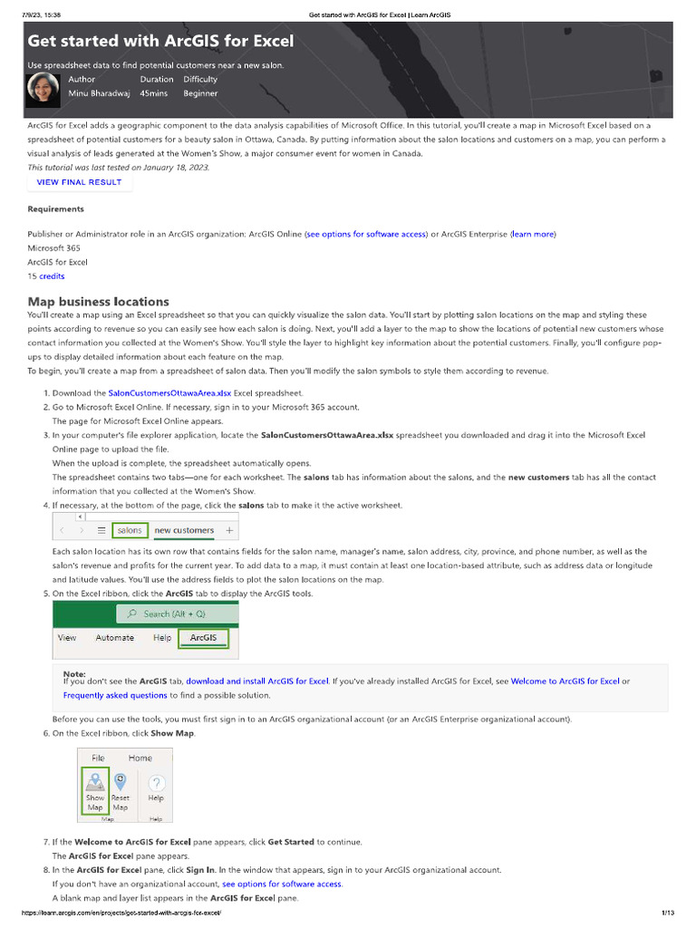 Get Started With ArcGIS For Excel - Learn ArcGIS | PDF