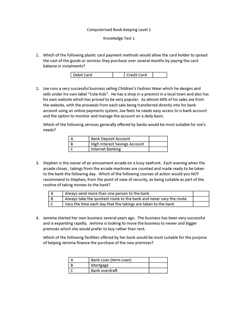 Bookkeeping Level 1 Knowledge Test 1 | Download Free PDF | Cheque ...