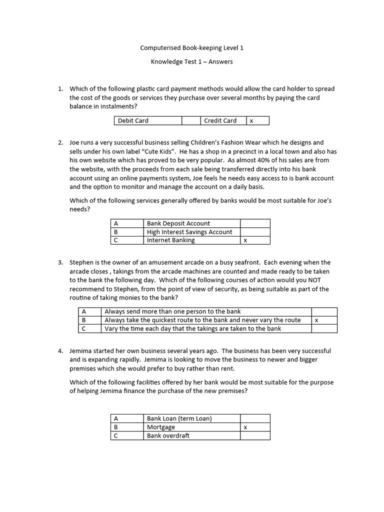 Bookkeeping Level 1 Knowledge Test 1 - Answers | PDF | Cheque | Payments