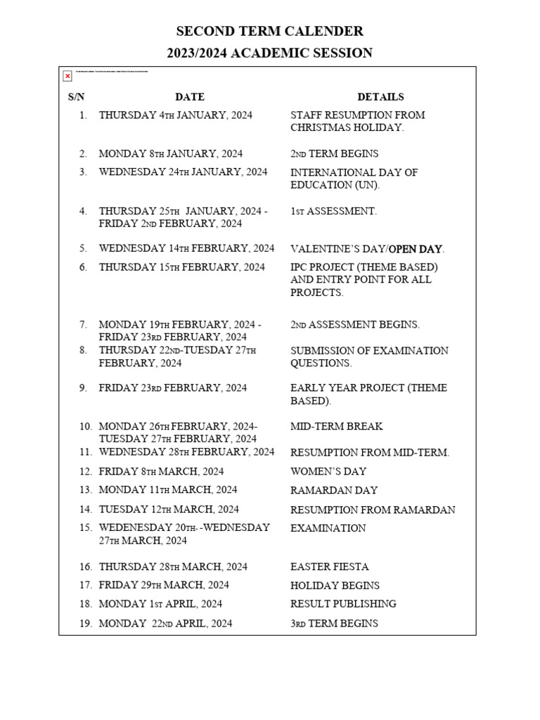 Second Term Calendar 2024 For Teachers | PDF