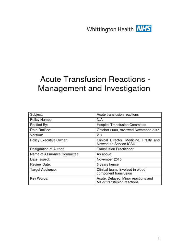 Acute Transfusion Reactions Guide | PDF | Blood Transfusion | Anatomy