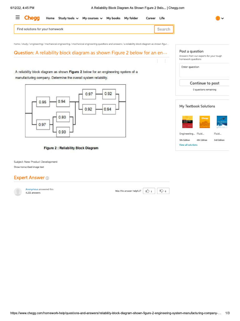 A Reliability Block Diagram As Shown Figure 2 Belo... _ Chegg.com | PDF