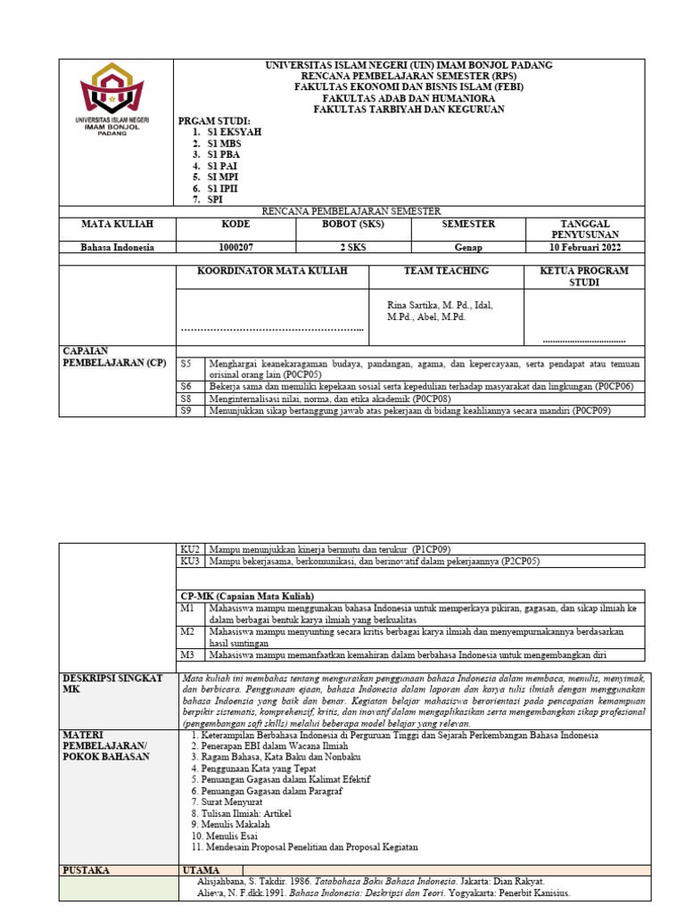 RPS Bahasa Indonesia Uin Ib | PDF