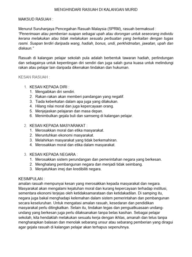 Menghindari Rasuah Di Kalangan Murid | PDF