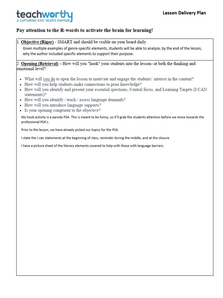 Delivery Plan - Teachworthy Hanes | PDF | Rubric (Academic) | Learning