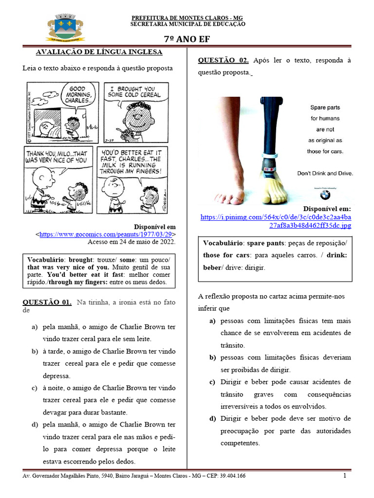 Aval Diag. 7º Ano 2022 - Língua Inglesa | PDF