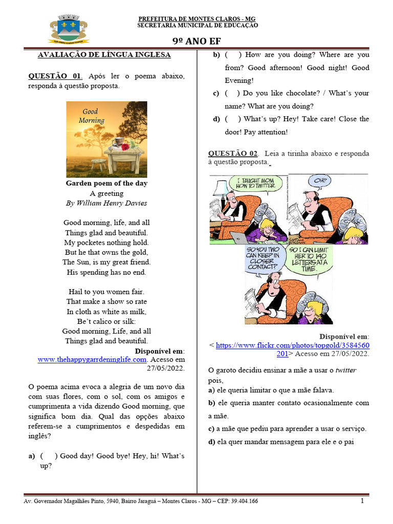 Aval. Diag. 9º Ano 2022 - Língua Inglesa | PDF | Nelson Mandela