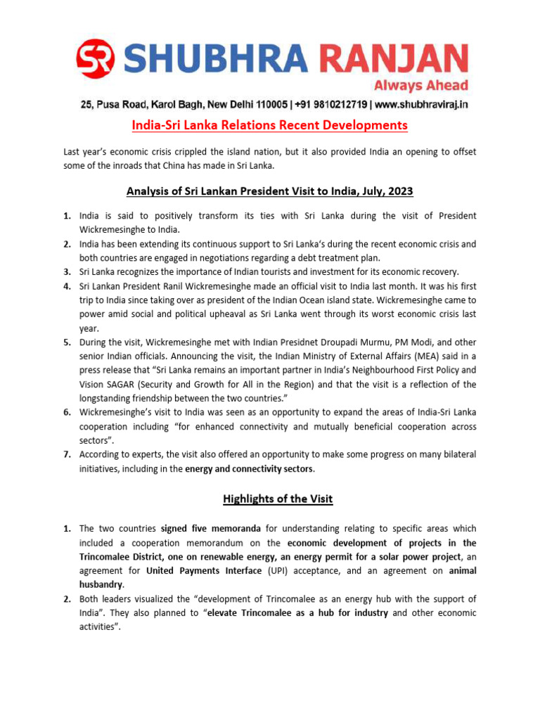 India-Sri Lanka Recent Developments | PDF | Sri Lanka | Government