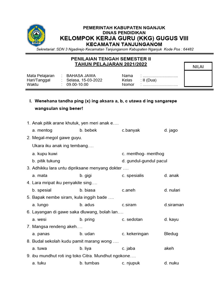 Penilaian Tengah Semester Ii Bahasa Jawa Kelas 2 | PDF