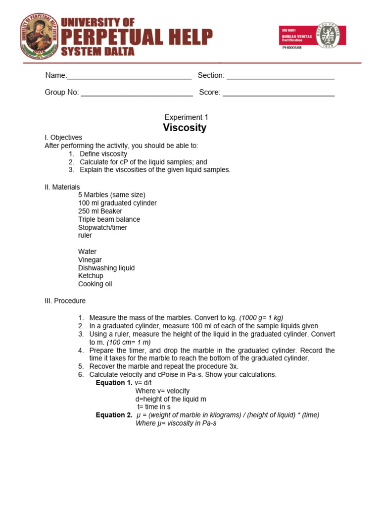 Viscosity Experiment Analysis | PDF | Viscosity | Liquids