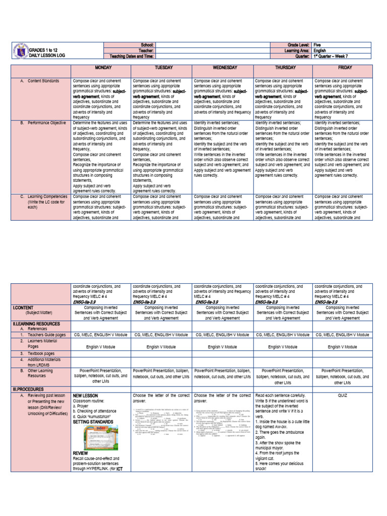 DLL Week 7 Eng V | PDF | Grammatical Number | Verb