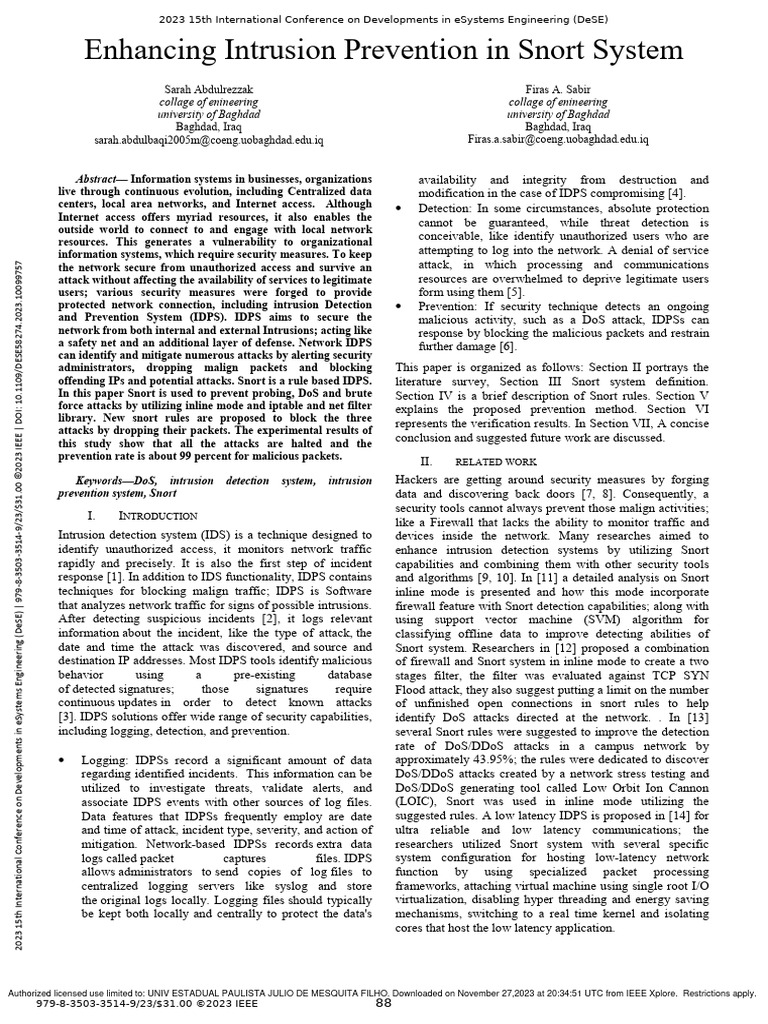 Enhancing Intrusion Prevention In Snort System Pdf Denial Of Service Attack Security