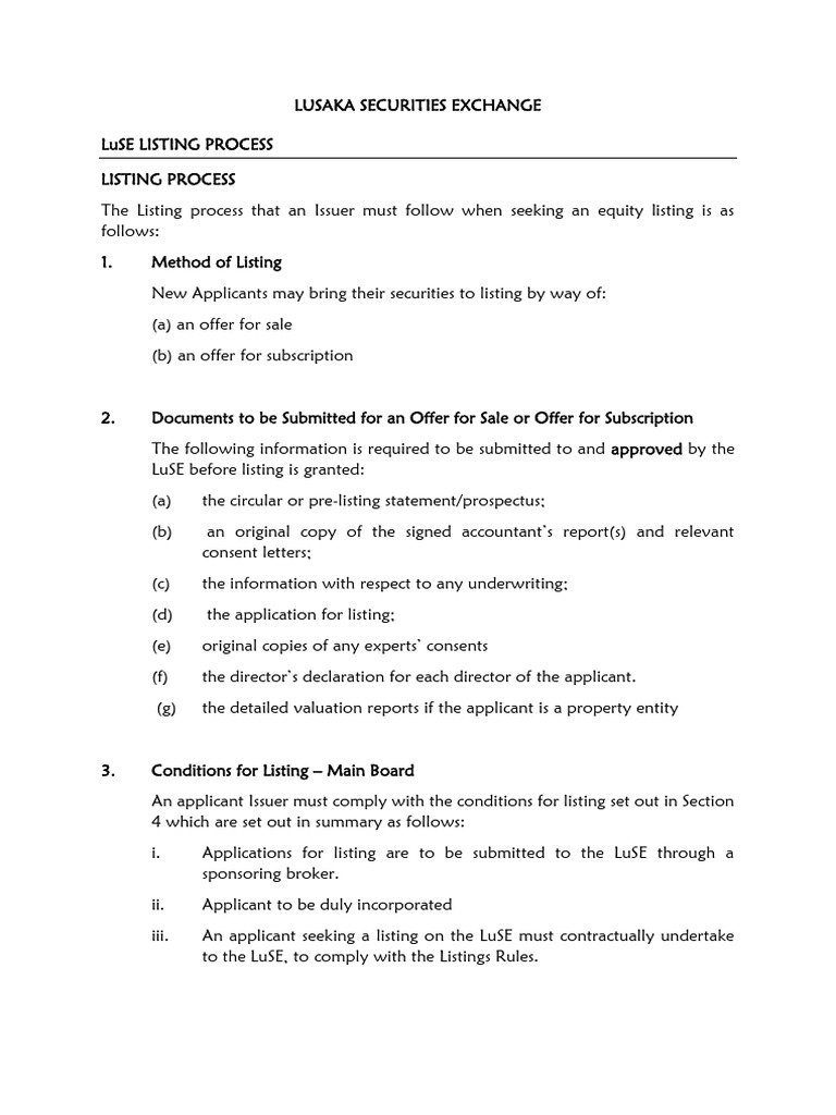 LuSE Listing Process Overview | PDF | Securities (Finance) | Underwriting