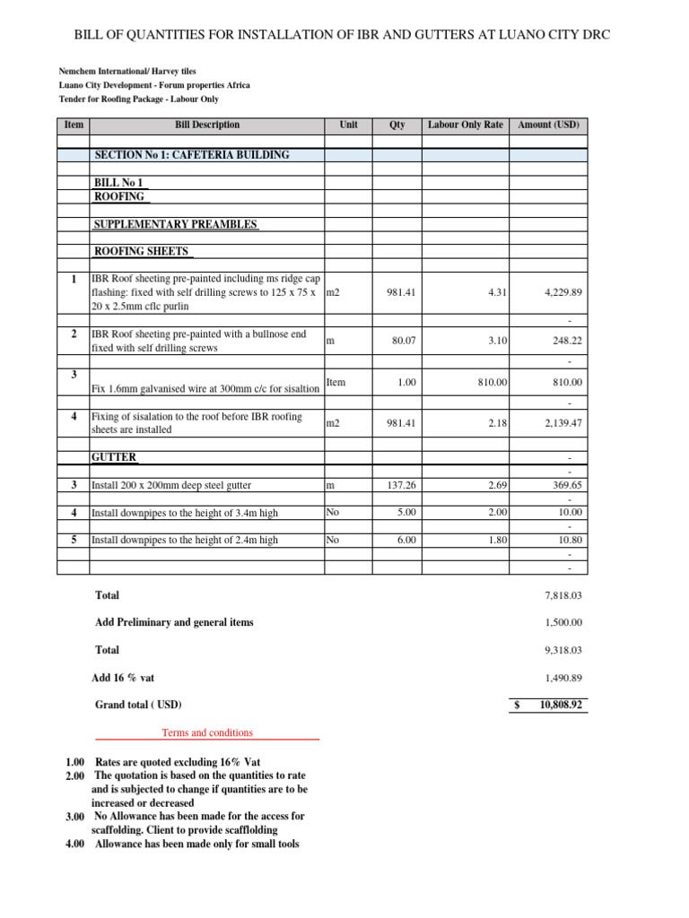 IBR Roofing Installation Bill of Quantities | PDF | Secondary Sector Of ...