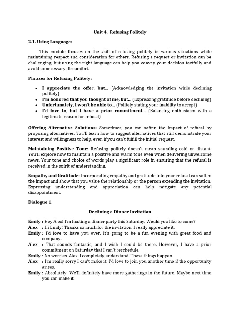 Unit 4. Refusing Politely | PDF | Human Communication