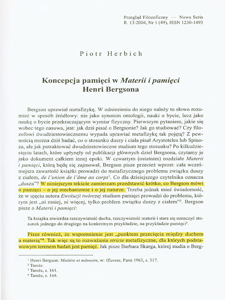 Koncepcja Pamieci Bergsona | PDF