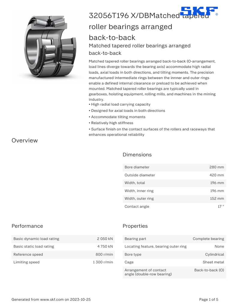 SKF 32056T196 X - DBMatched Tapered Roller Bearings Arranged Back-To-Back Specification | PDF ...