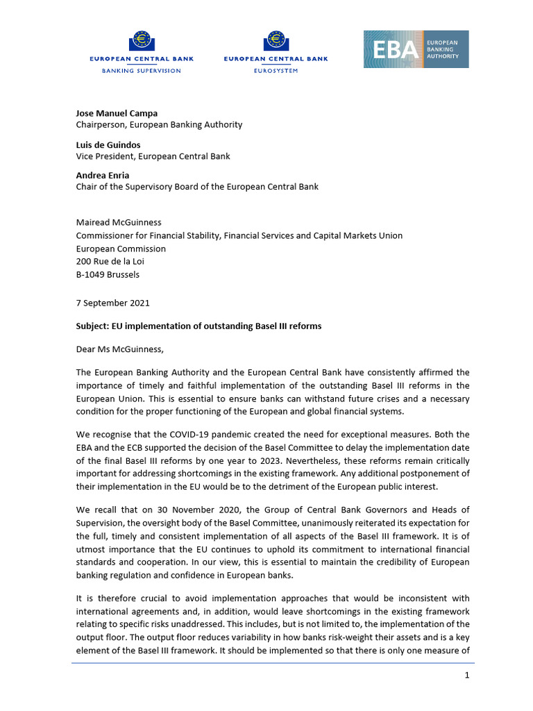 SSM - ecb-EBA Letter On B3 Implementation 88fdb33210.en | PDF | Basel ...