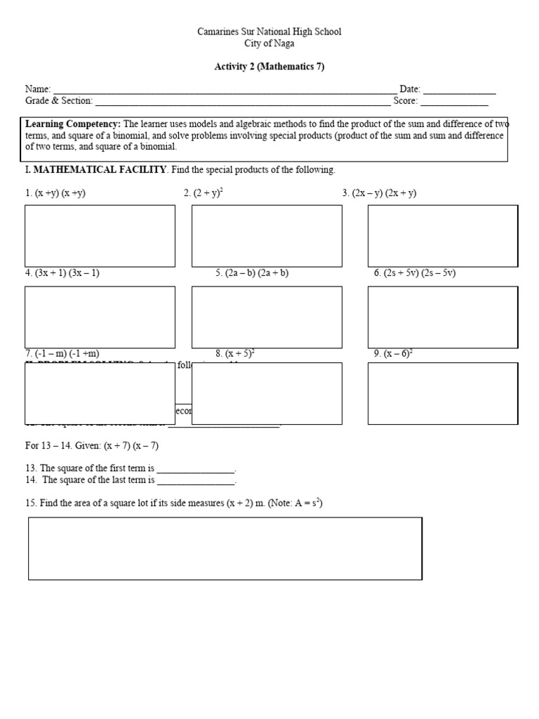 Special Products in Algebra: Math 7 Worksheet | PDF