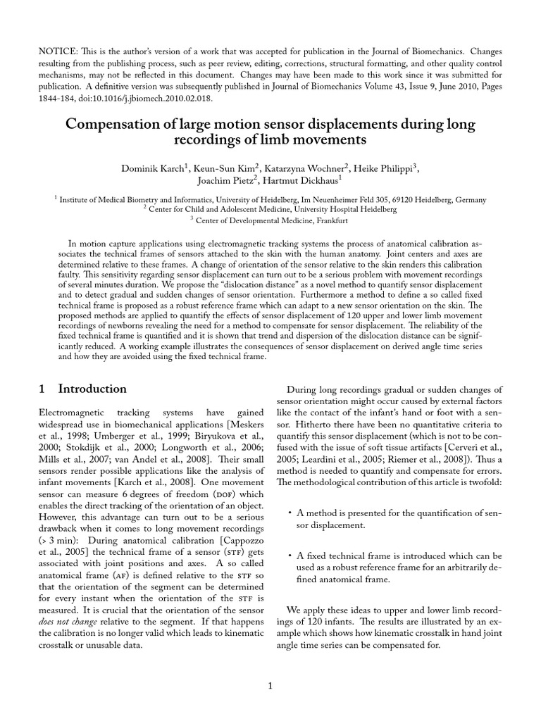 Compensation of Large Motion Sensor Displacements During Long Recordings of Limb Movements | PDF ...