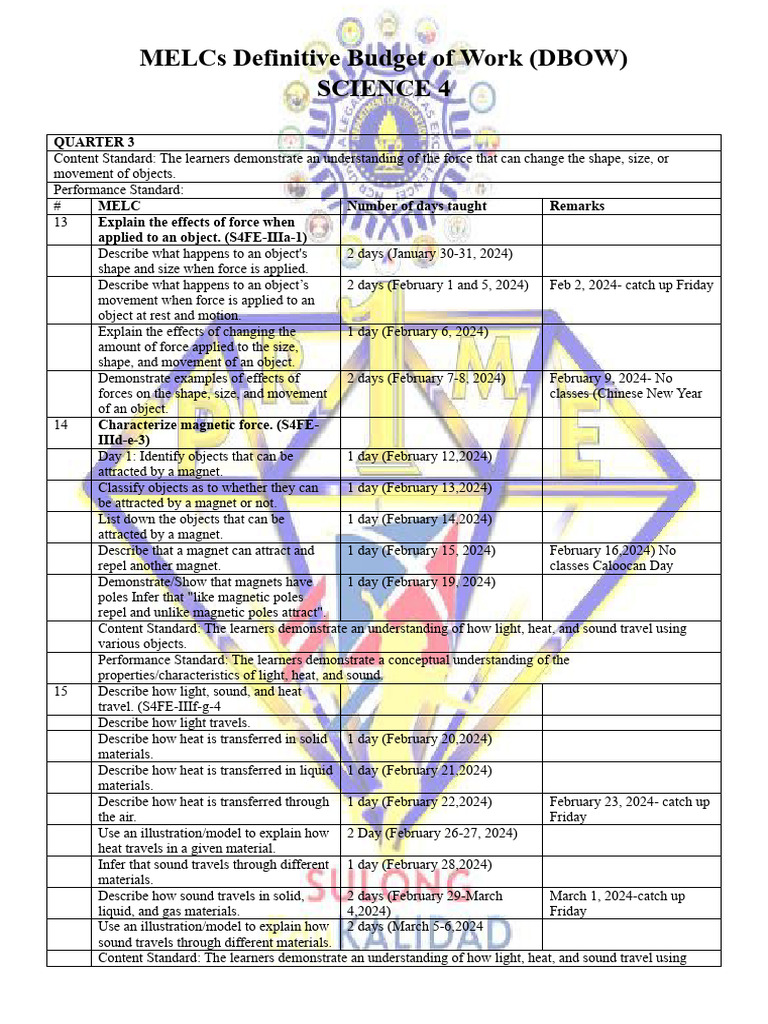 Grade 4 Science (Adjusted DBOW) | PDF | Force | Light