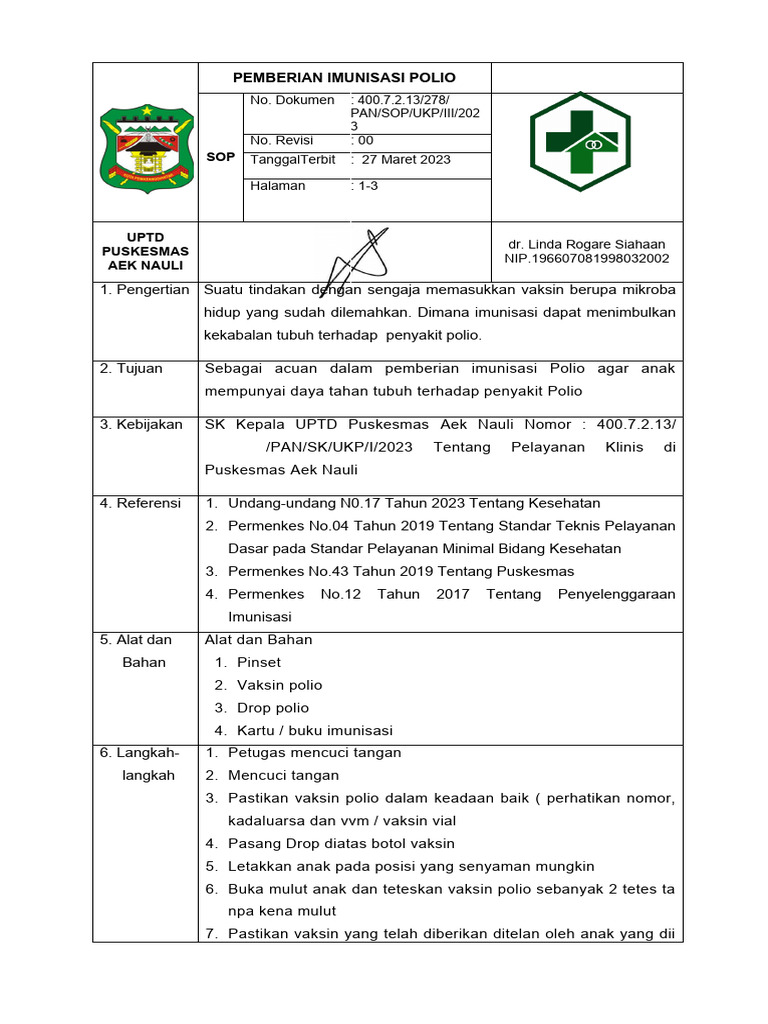 4.3.1.e.SOP PEMBERIAN IMUNISASI POLIO | PDF