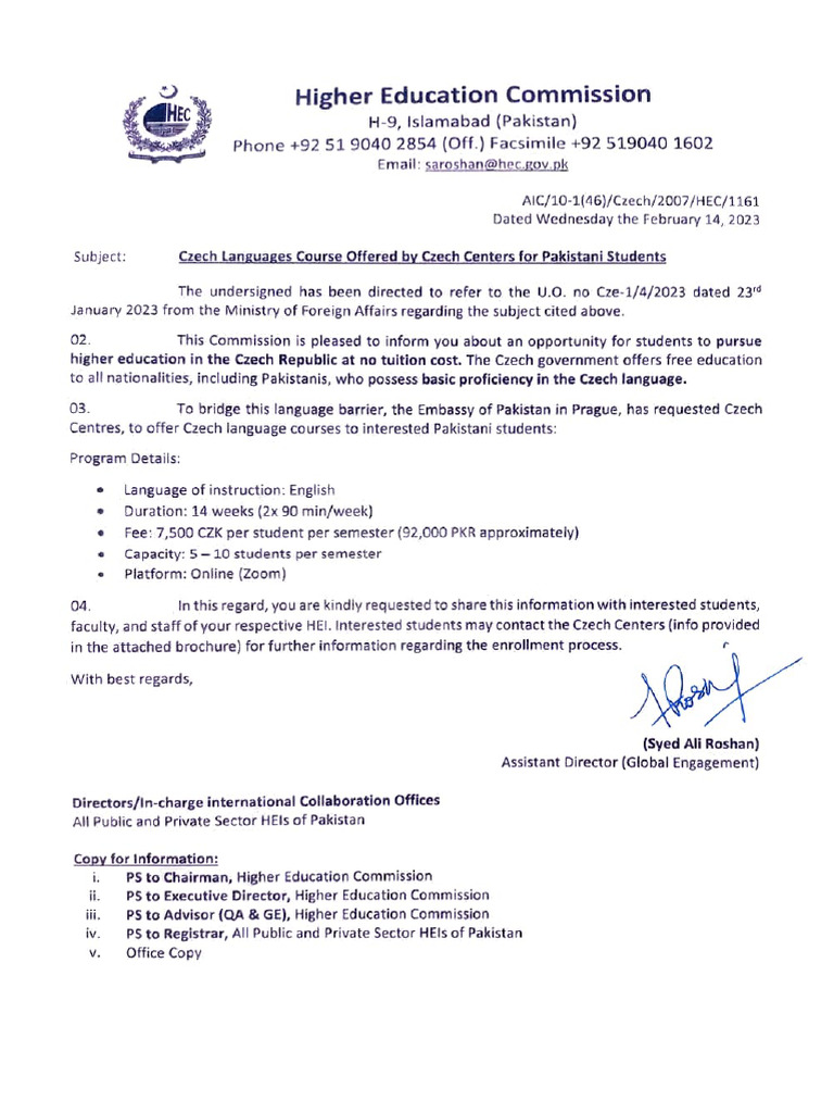 Letter To HEIs-Czech Languages Course Offered by Czech Centers For ...