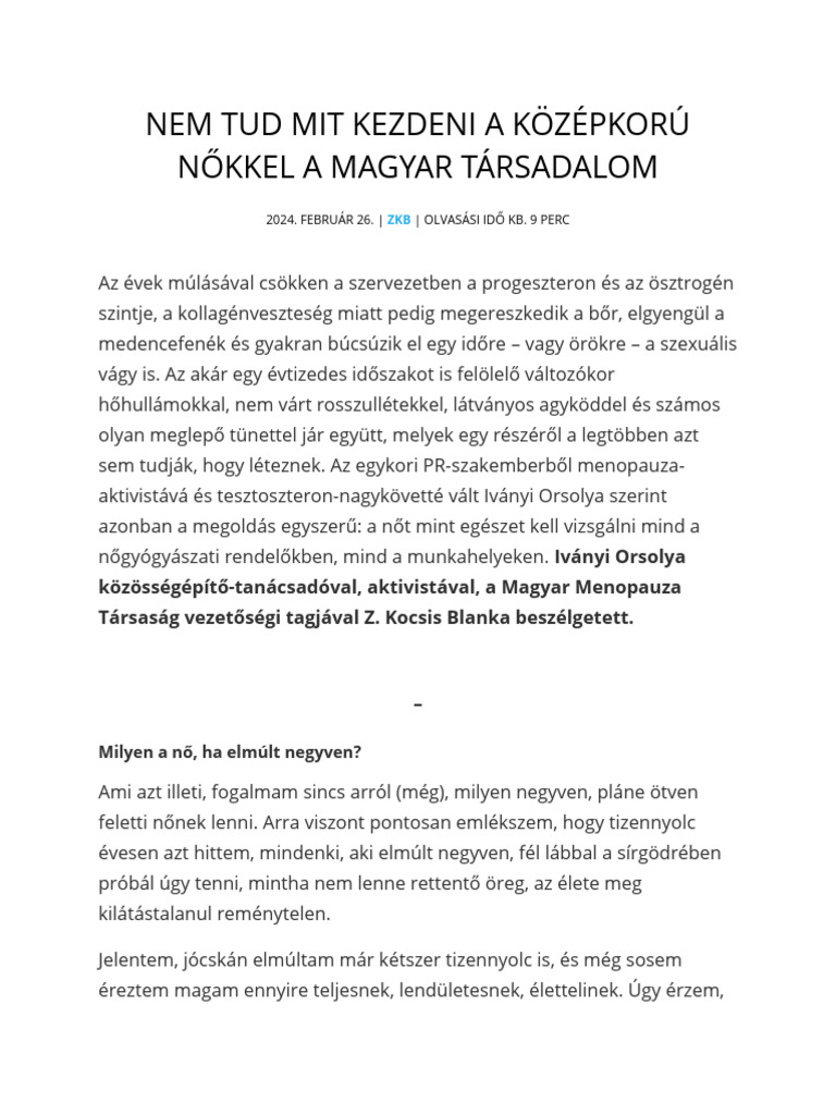 Nem Tud Mit Kezdeni A Középkorú Nőkkel A Magyar Társadalom | PDF