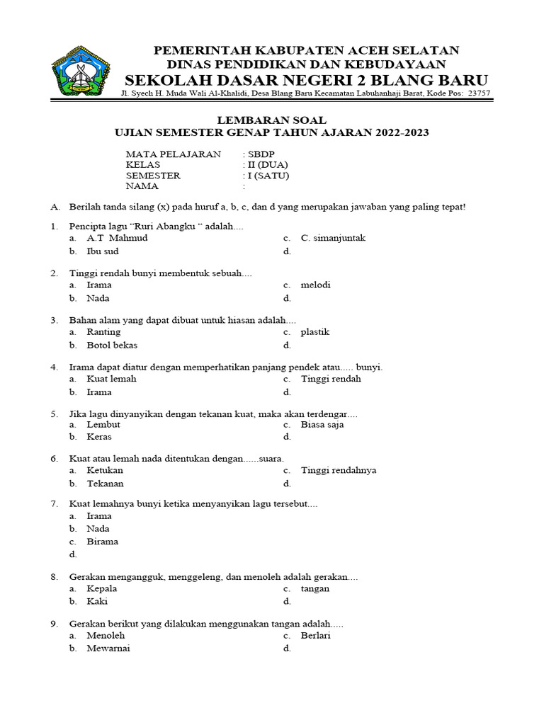 Lembaran Soal - 2022 SBDP KLS 2 | PDF