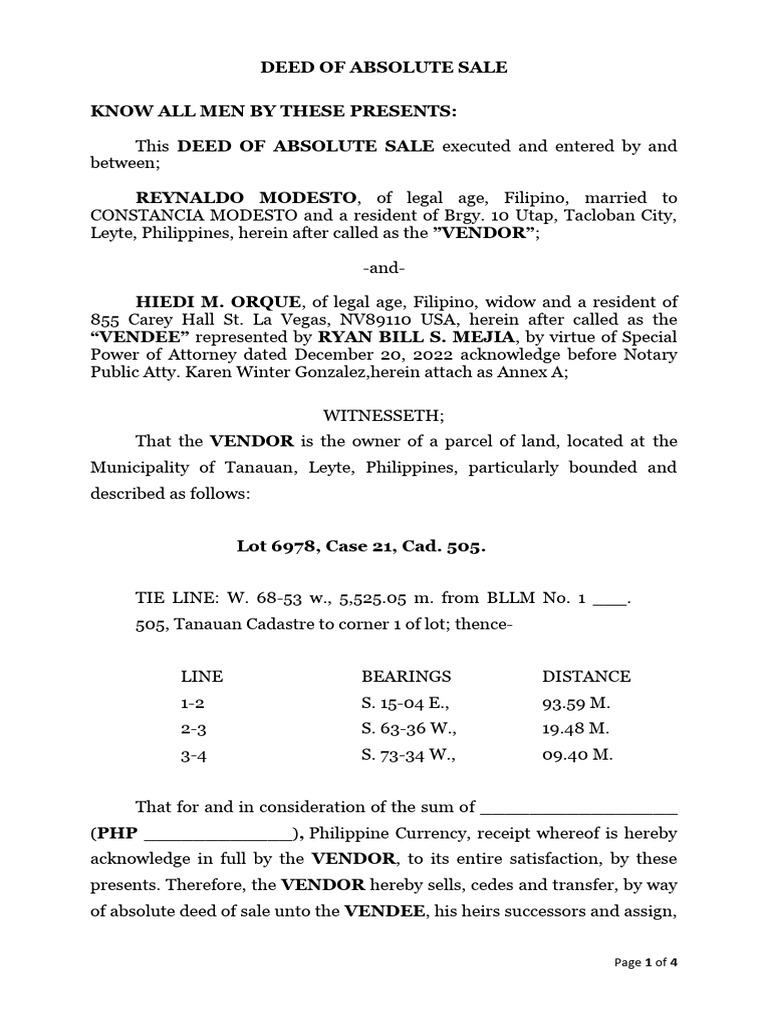 DEED OF ABSOLUTE SALE (Modesto-Orque) | PDF | Law And Economics ...