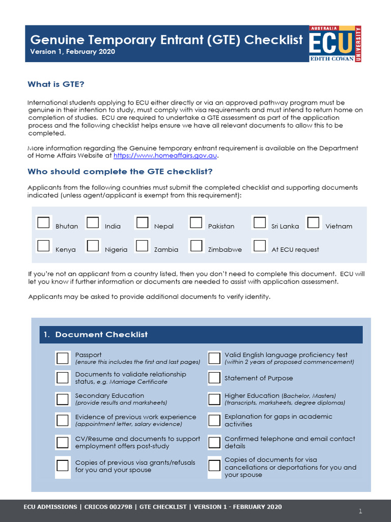 ECU Genuine Temporary Entrance GTE Assessment Checklist | PDF | Travel ...
