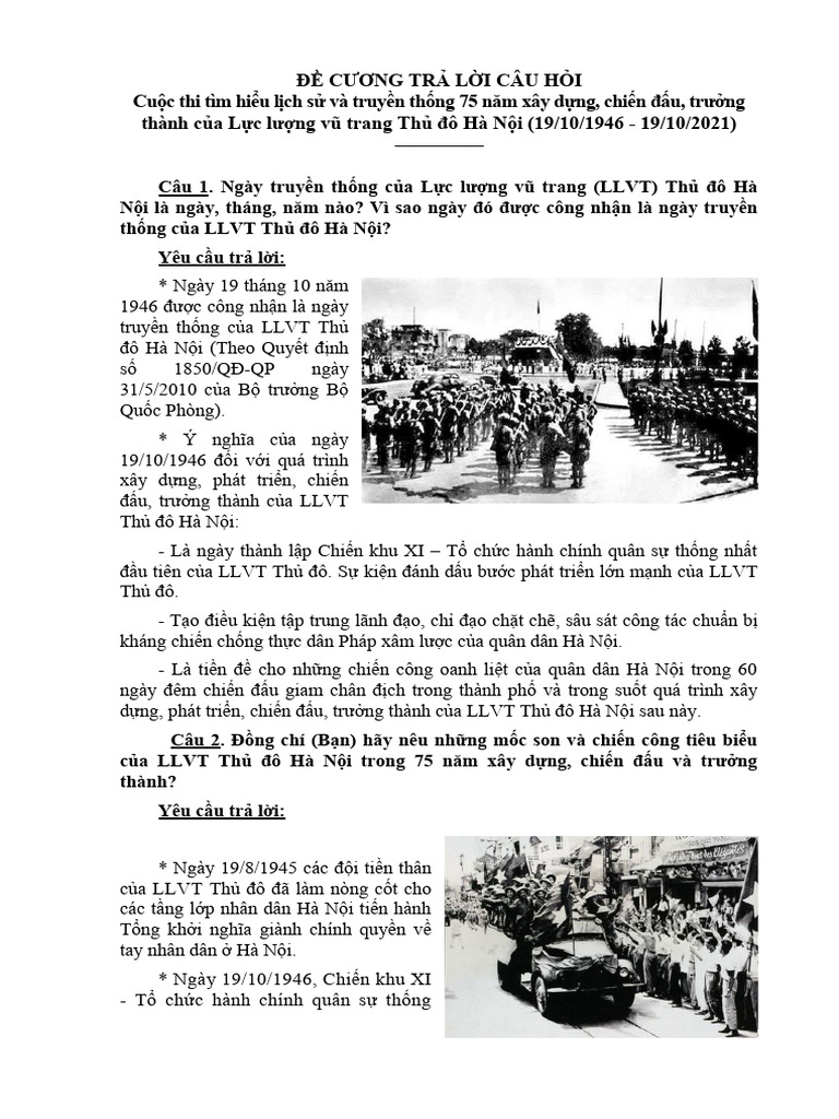 De Cuong Tra Loi Cau Hoi Cuoc Thi Tim Hieu 75 Nam LLVT Thu Do L3 Chinh Thuc KH BTL | PDF