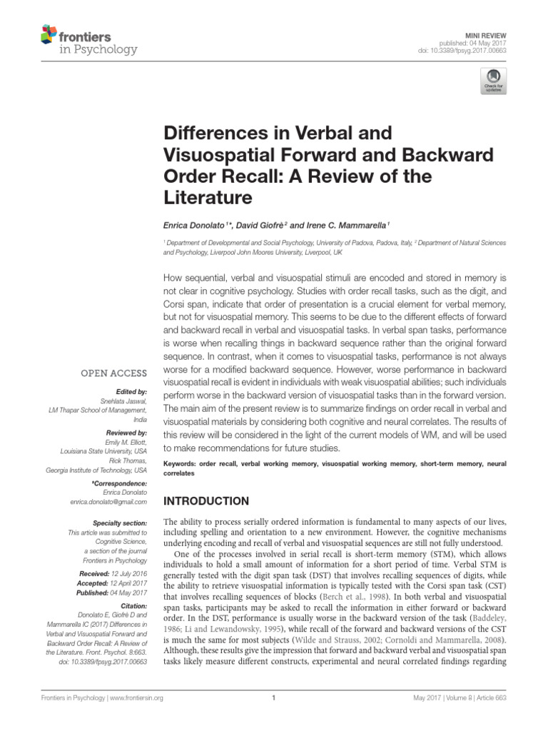 Verbal vs. Visuospatial Recall Review | PDF | Recall (Memory) | Working ...