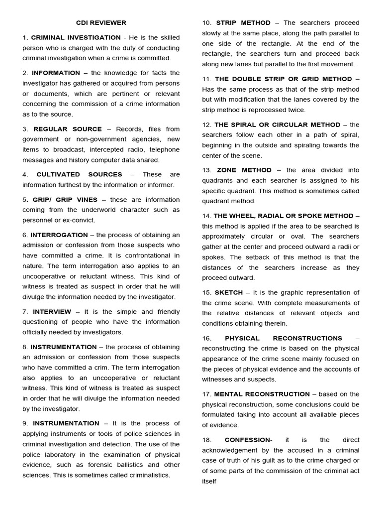 Cdi Reviewer | PDF | Crime Scene | Confession (Law)