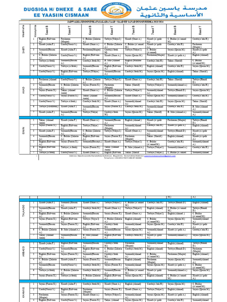 Updated Jadwalka Xisooyinka Dugsiga Dhexe-2 | PDF