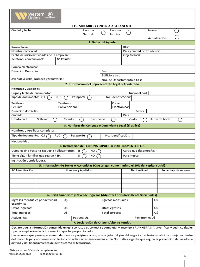 FORMULARIO CONOZCA A SU AGENTE Vs.002 - 2023-03 - 31 | PDF | Western Union | Sociedad de ...