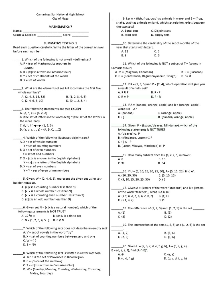 Summative Test No. 1 MATH 7 | PDF | Logic | Mathematical Logic