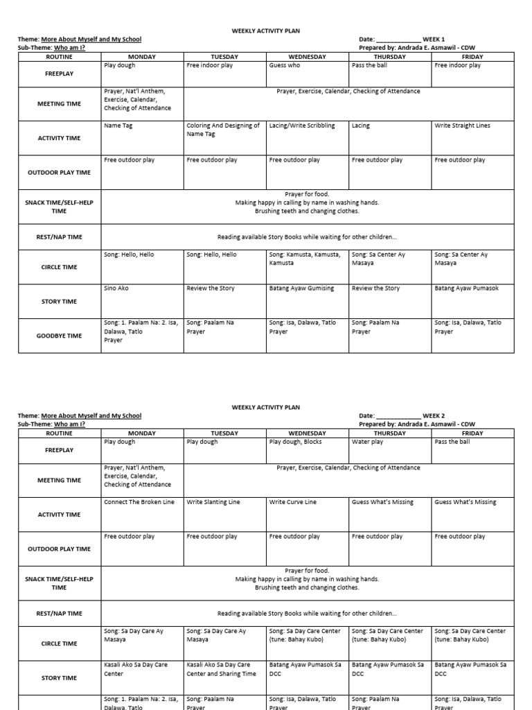 ECCD Weekly Activity Plan Sample | PDF | Language Arts & Discipline ...
