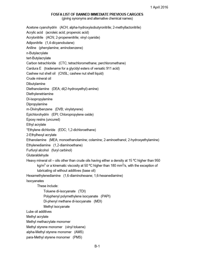 FOSFA Banned List 01apr16 | PDF | Materials | Chemistry