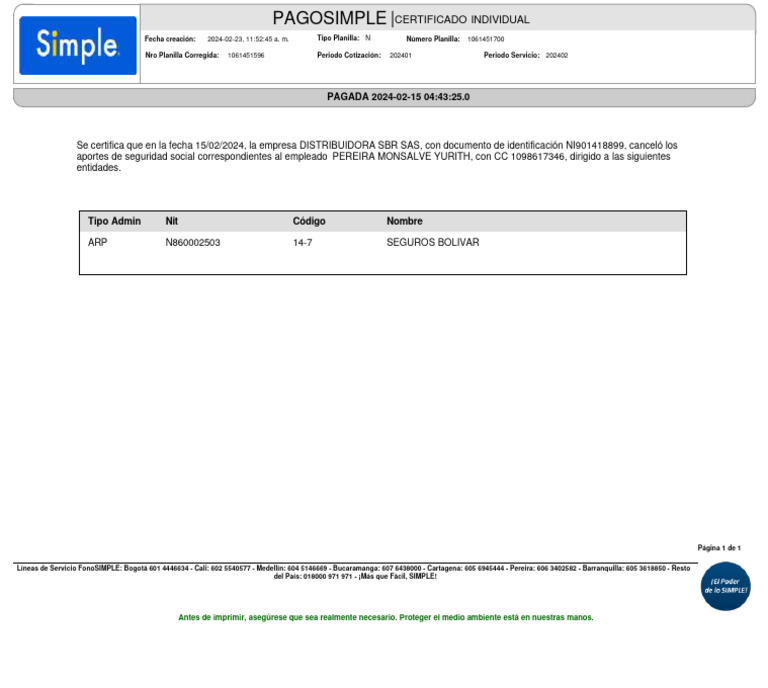 Planilla Febrero Yurith Pereira | PDF