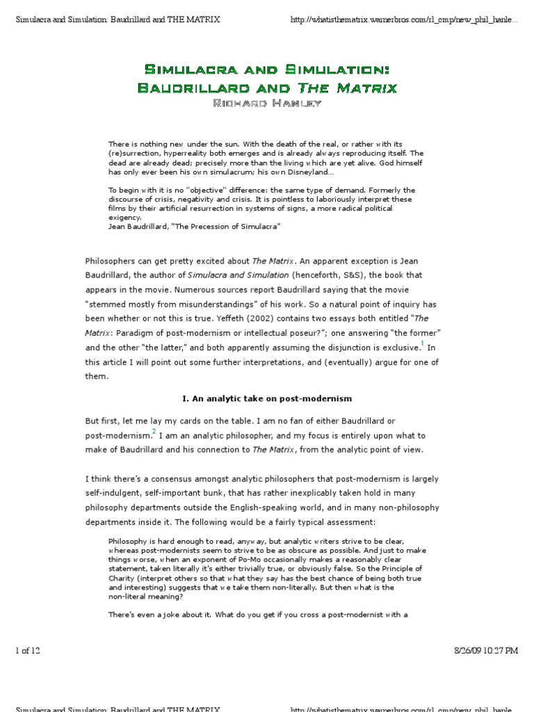 Simulacra and Simulation Baudrillard and The Matrix | PDF ...