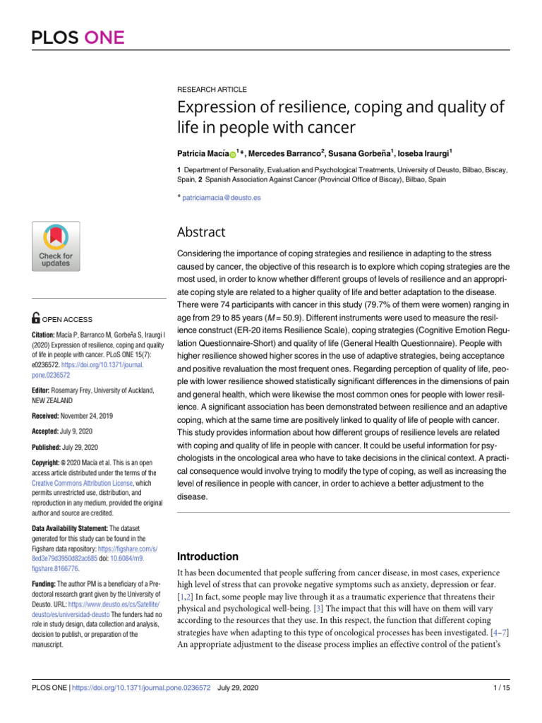 Expression of Resilience, Coping and Quality of Life in People With Cancer | PDF | Psychological ...