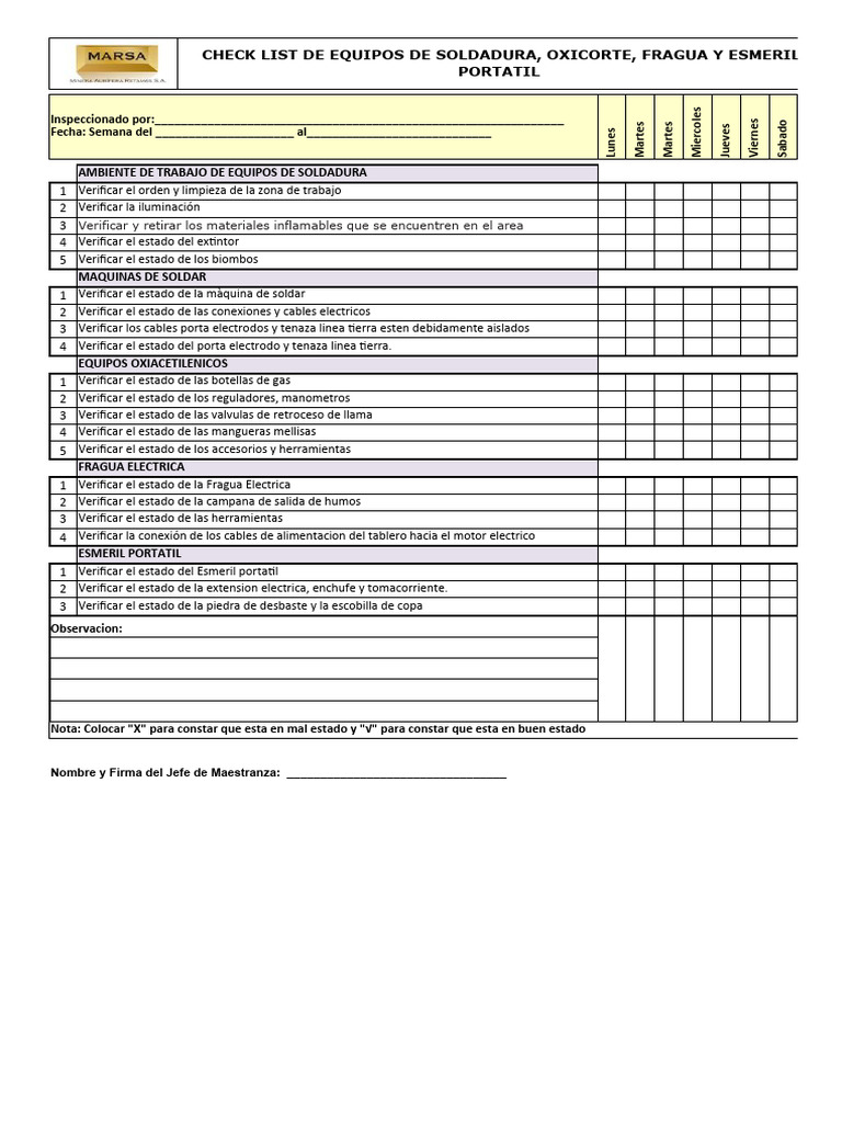 Check List de Equipos de Soldadura, Oxicorte | PDF | Procesos de ...