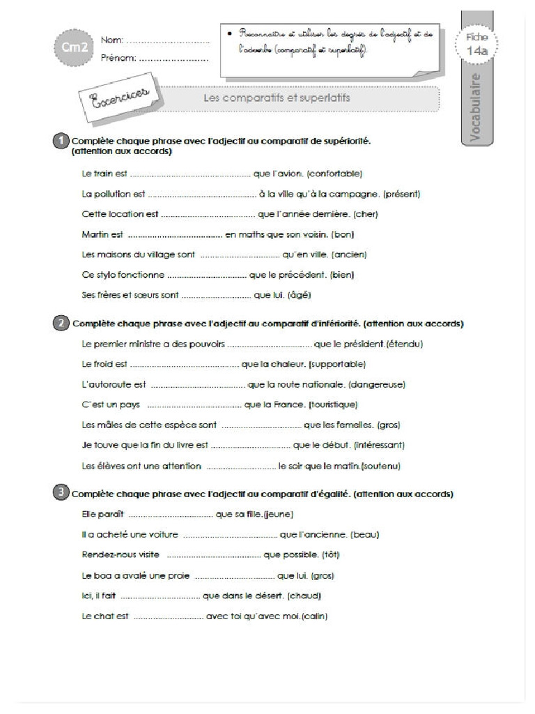 Superlatif Et Comparatif Fiche 14 A Et Son Corrig C3 A9 | PDF