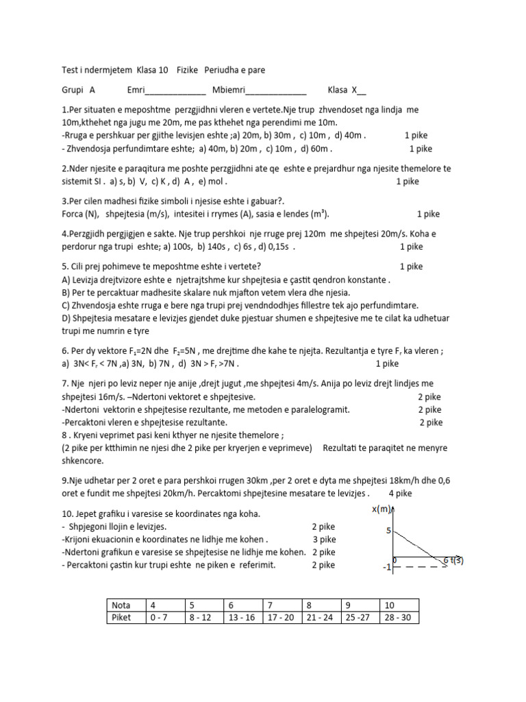 4 Test I Ndermjetem Klasa 10 Fizike Periudha e Pare Abcdef | PDF