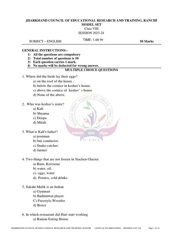 Class 8 English Model Question Paper 2023 | PDF