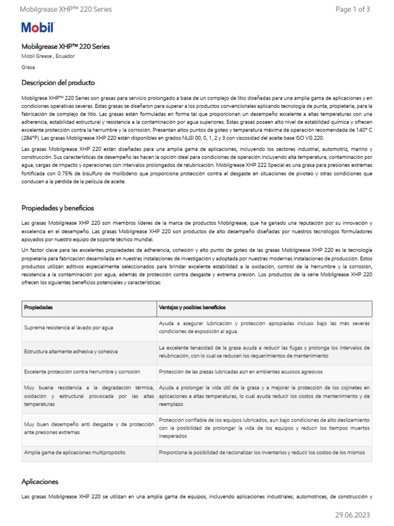 GL XX Mobilgrease XHP 220 Series | PDF | Rodamiento (Mecánico ...