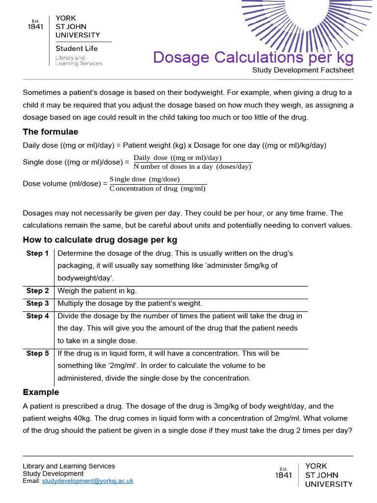 Dosage Calculations Per Kg Factsheet Pdf Dose Biochemistry Chemistry